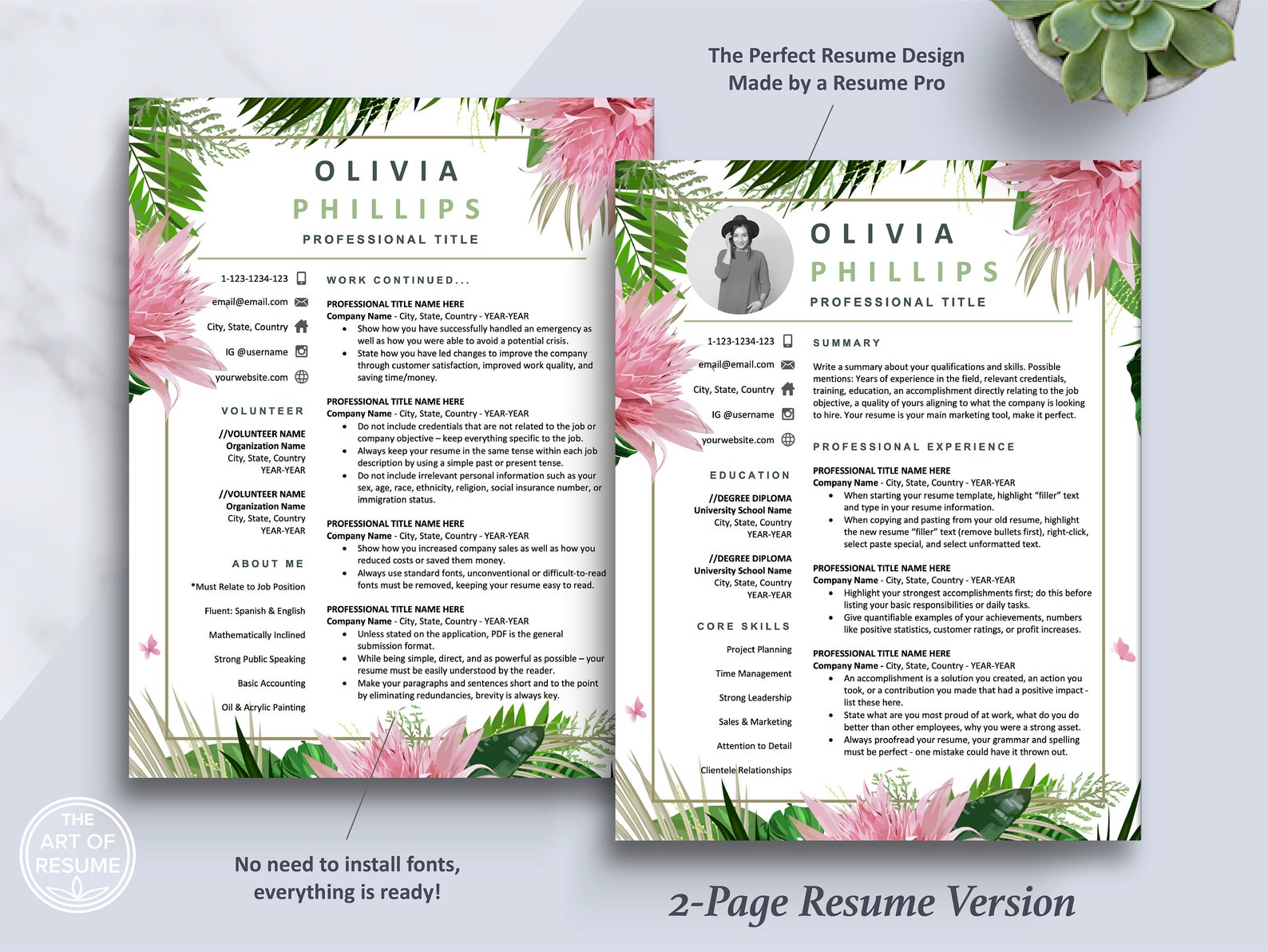 Creative Resume Template, Floral Resume, CV Template, Modern Resume ...