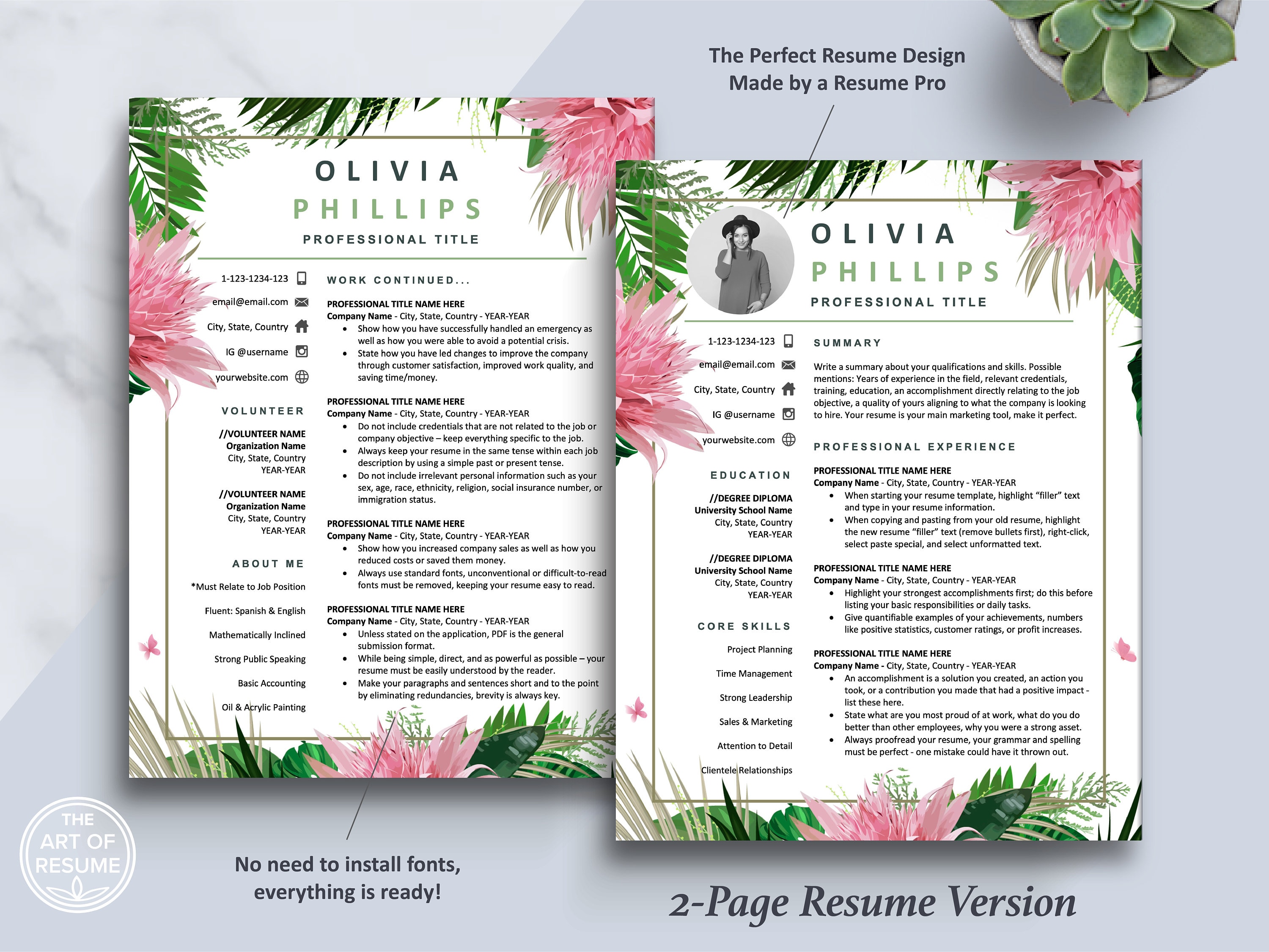 Creative Resume Template, Floral Resume, CV Template, Modern Resume ...