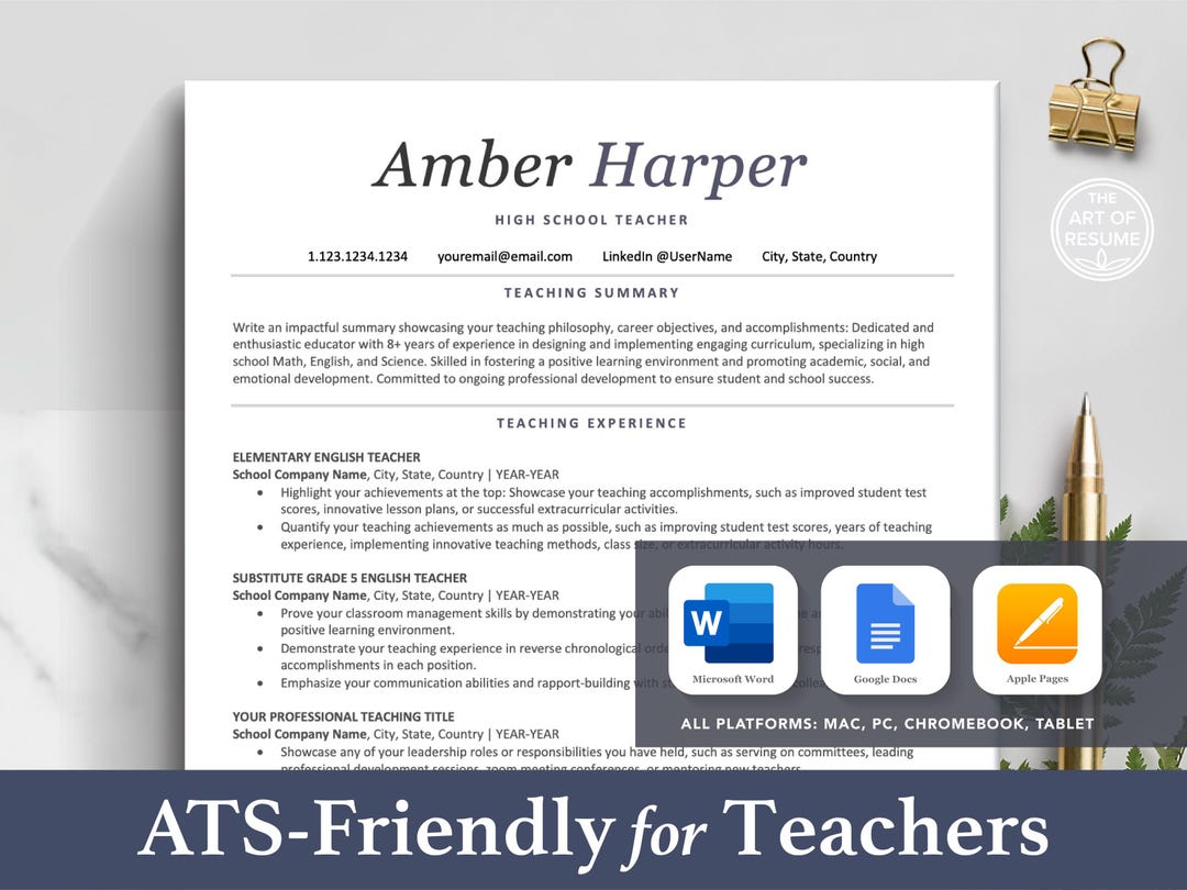ATS Friendly Resume Template for Teachers | Teaching Resume Bundle for ...