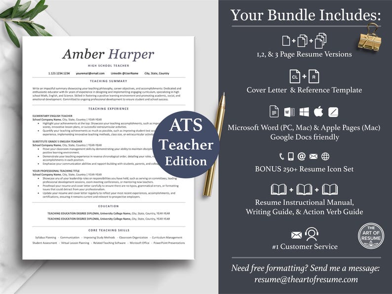 ATS Friendly Resume Template for Teachers Teaching Resume Bundle for ...