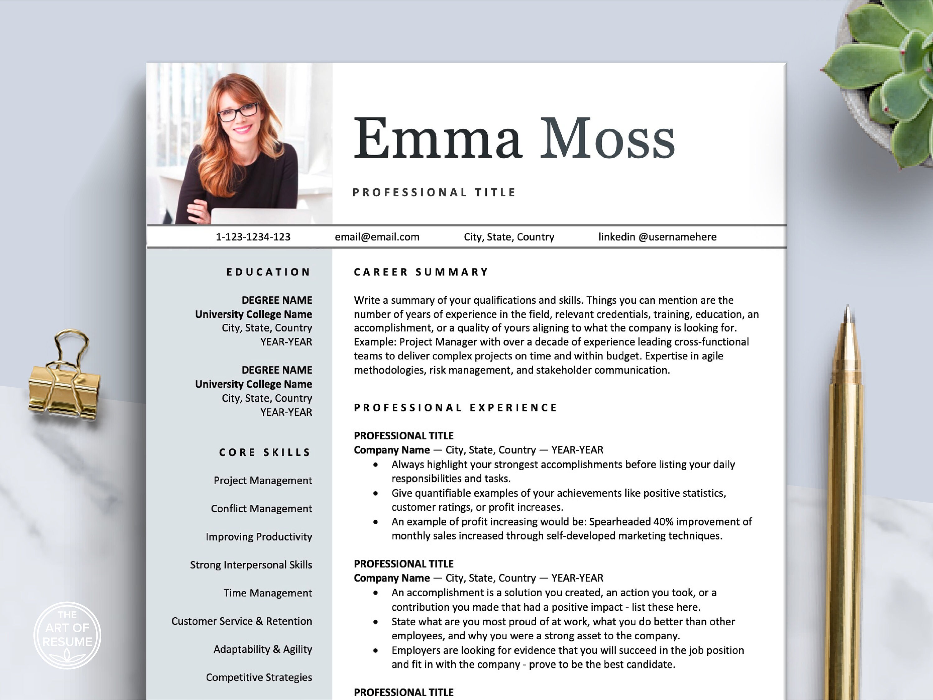 Modern Resume Template With Photo: 3-page CV, Cover Letter (MS Word ...