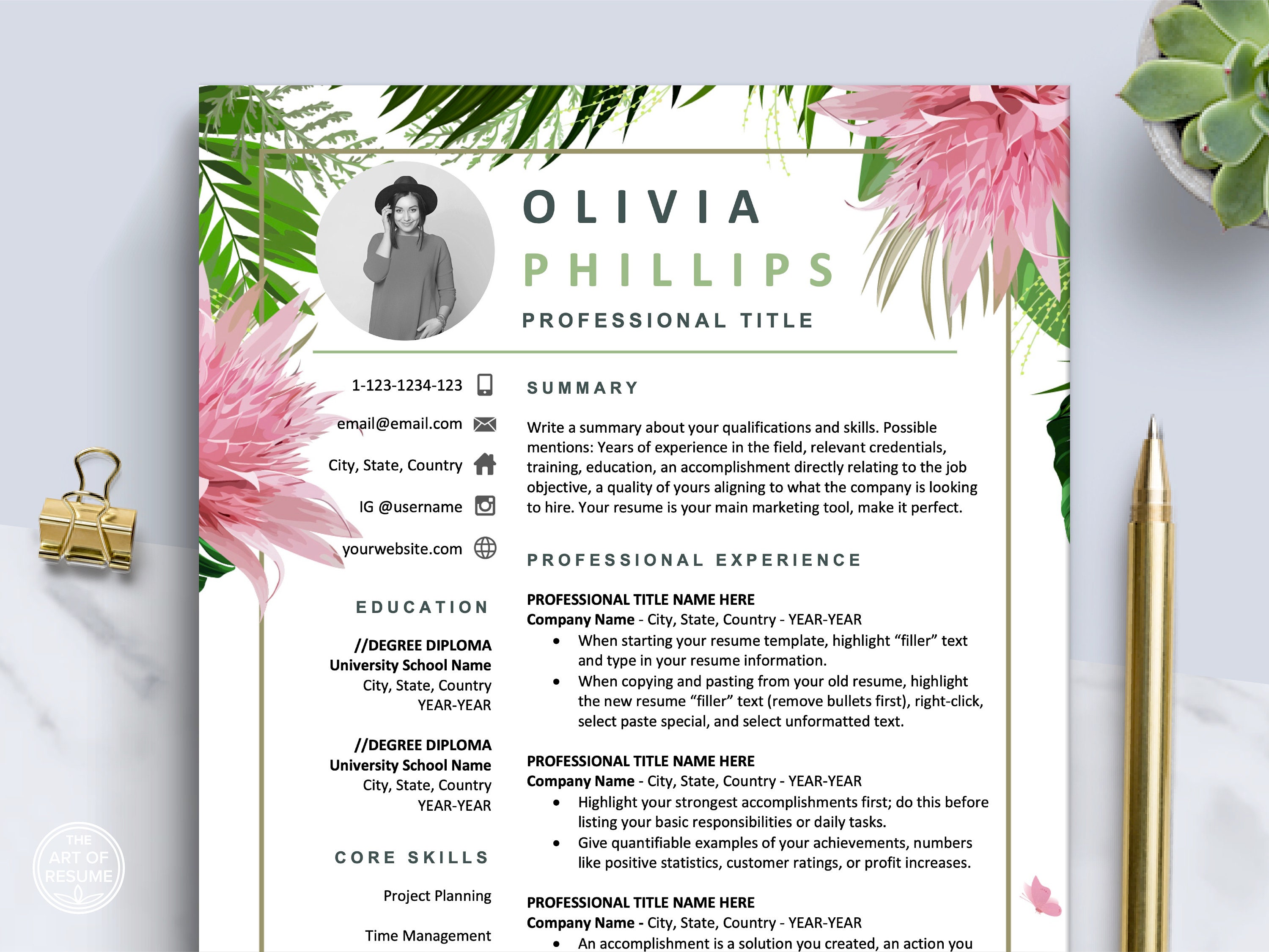Creative Resume Template, Floral Resume, CV Template, Modern Resume ...
