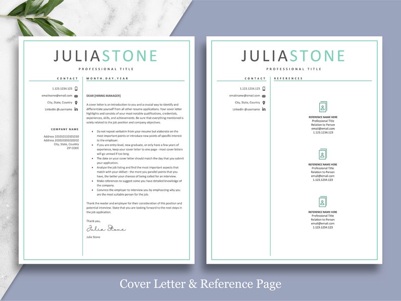 Professional Resume Templates Printable Teal Resume CV - Etsy