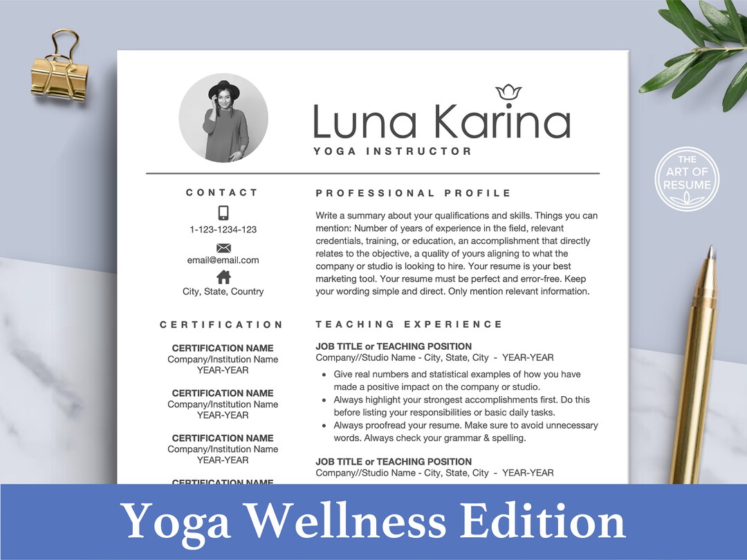 Yoga Resume Template Design Word, Mac Pages, Teacher Resume Cover ...