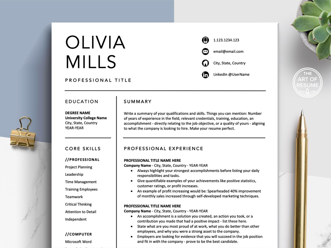 Simple Resume Template for Word & Mac Pages | Basic Resume Template ...