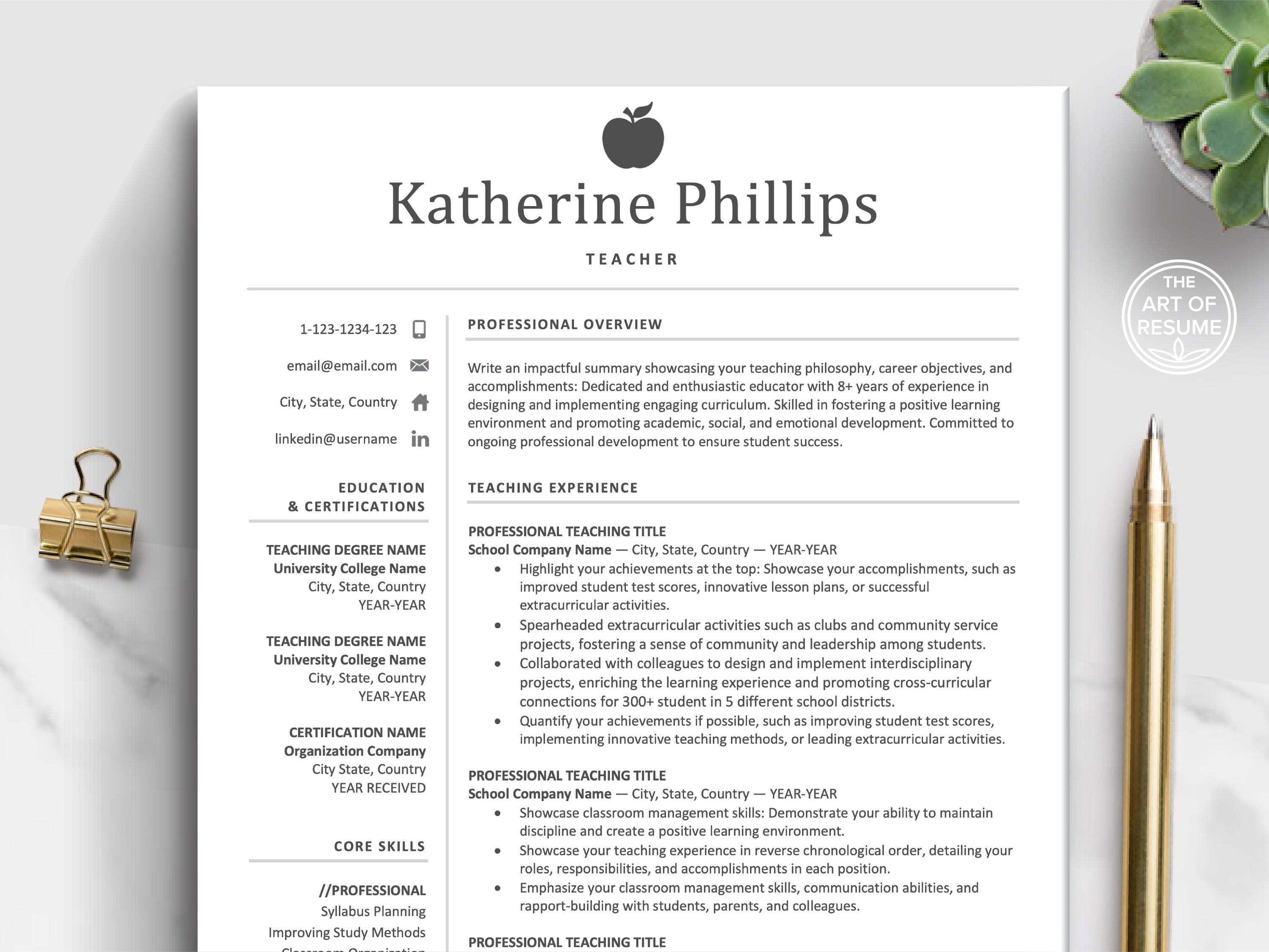Teacher Resume Template Word, Pages, Teaching Resume, Teacher CV ...