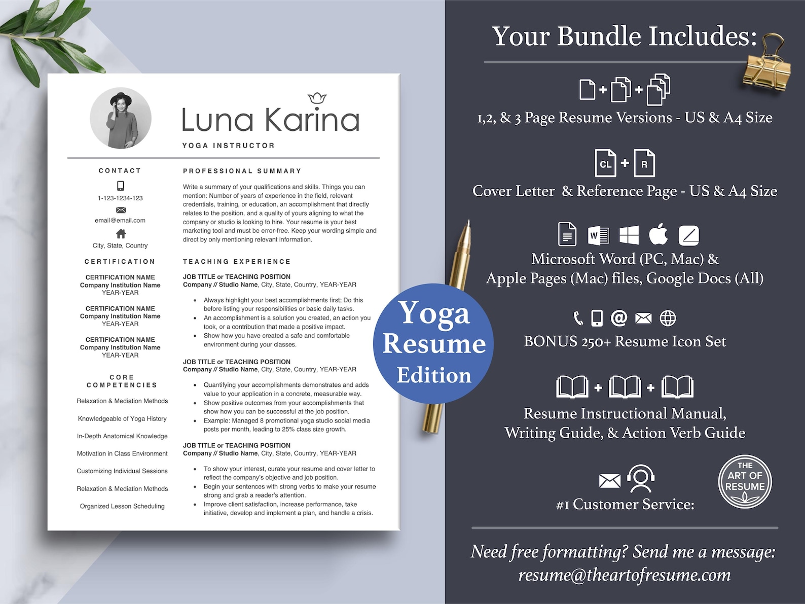 Yoga Resume Template for Word, Pages, Google Docs - Yoga Teacher CV ...