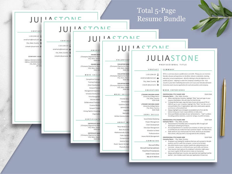Professional Resume Templates Printable Teal Resume CV - Etsy