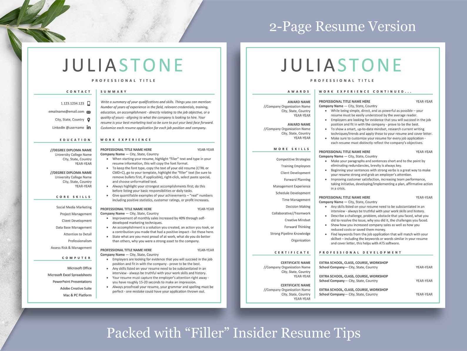 Professional Resume Templates Printable Teal Resume CV - Etsy