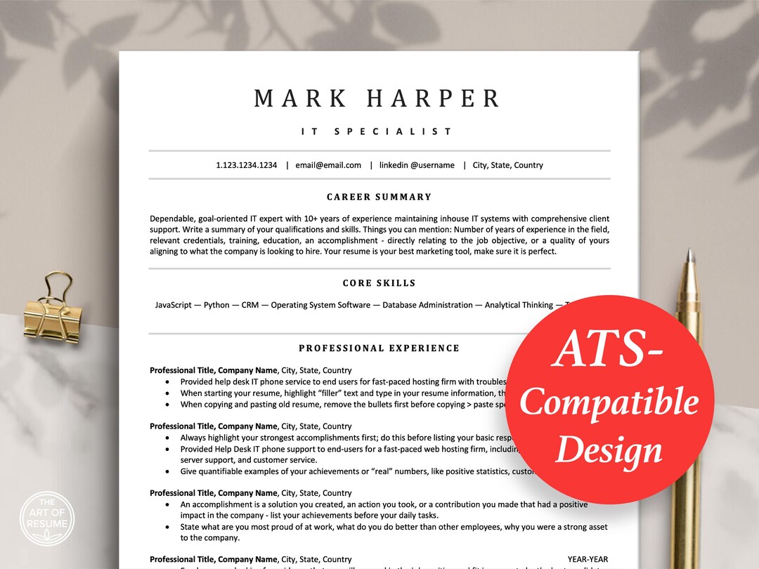 IT Resume Template, ATS Resume Templates, Professional Resume, One ...