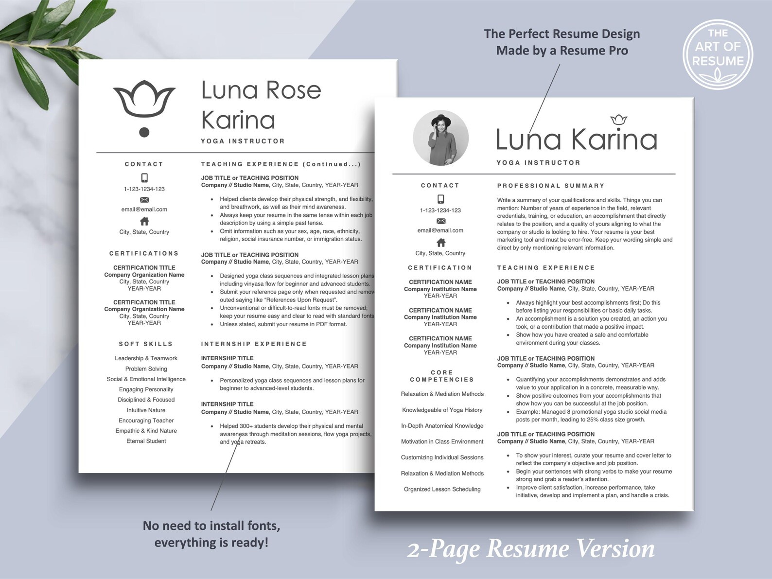 Yoga Resume Template for Word, Pages, Google Docs - Yoga Teacher CV ...