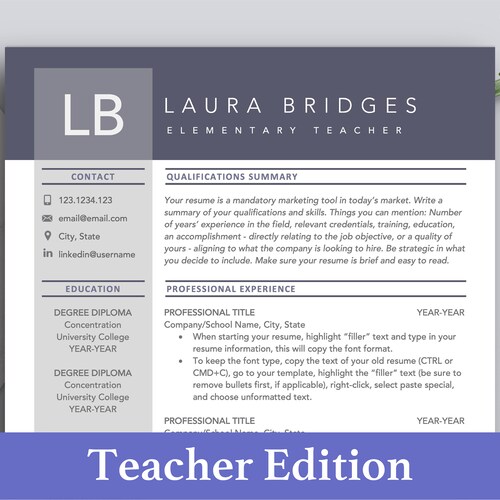 Editable Teacher Resume - Etsy
