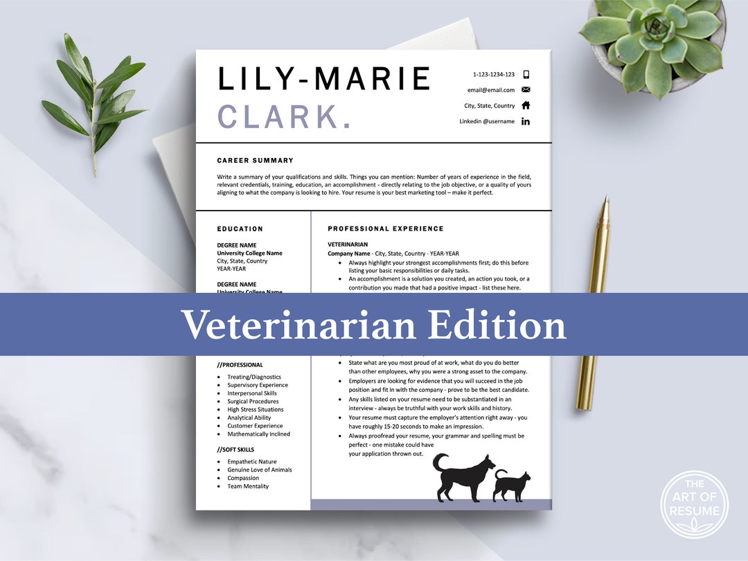 Veterinarian Resume Template, Vet Grad Resume Template, MS Word, Mac ...