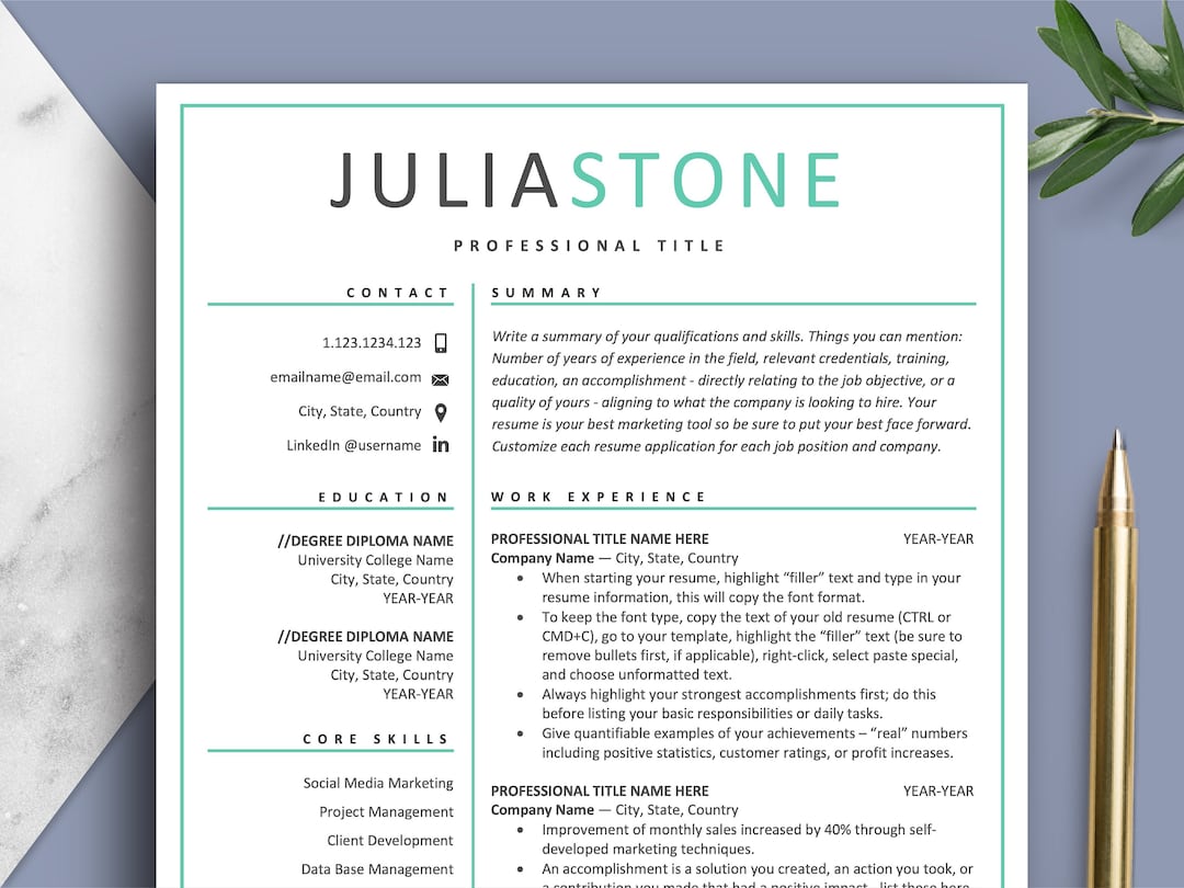 Professional Resume Templates Printable Teal Resume CV - Etsy