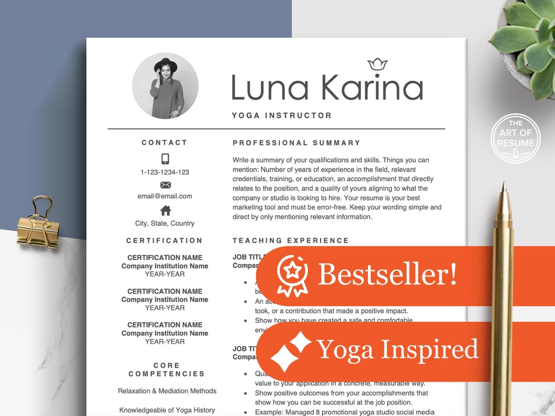 Yoga Resume Template for Word, Pages, Google Docs - Yoga Teacher CV ...