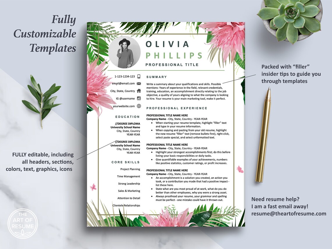 Creative Resume Template, Floral Resume, CV Template, Modern Resume ...
