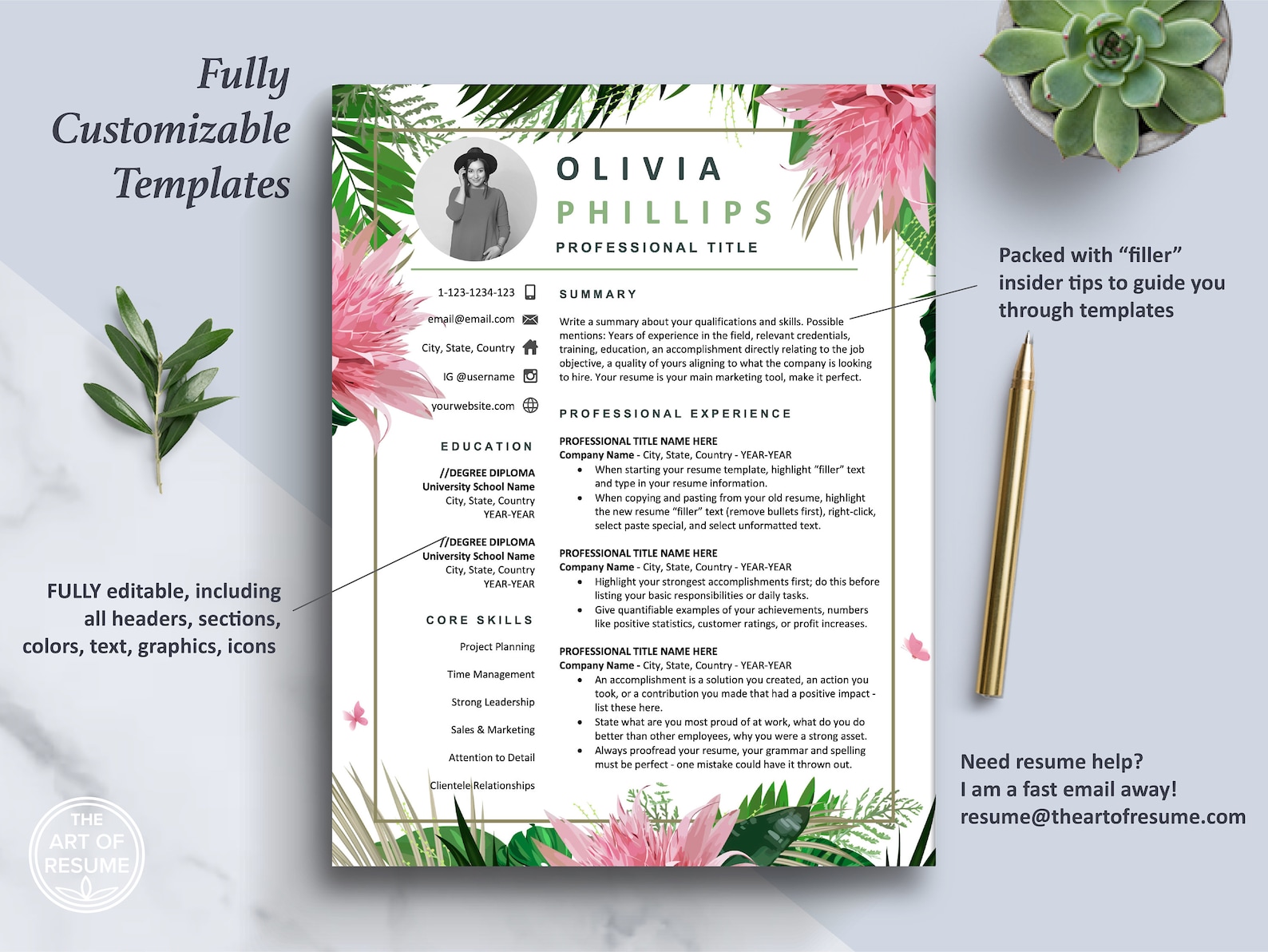 Creative Resume Template, Floral Resume, CV Template, Modern Resume ...