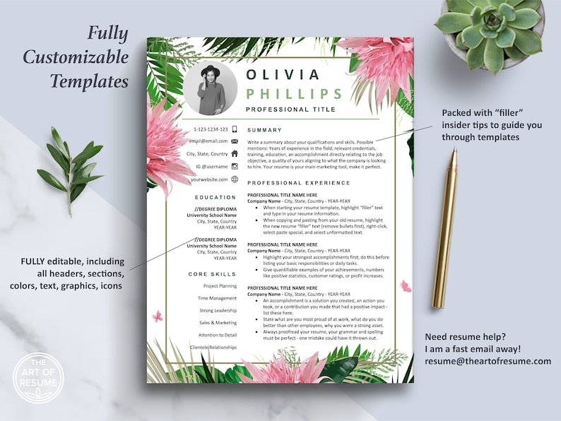 Creative Resume Template, Floral Resume, CV Template, Modern Resume ...