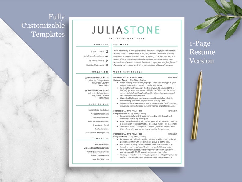 Professional Resume Templates Printable Teal Resume CV - Etsy
