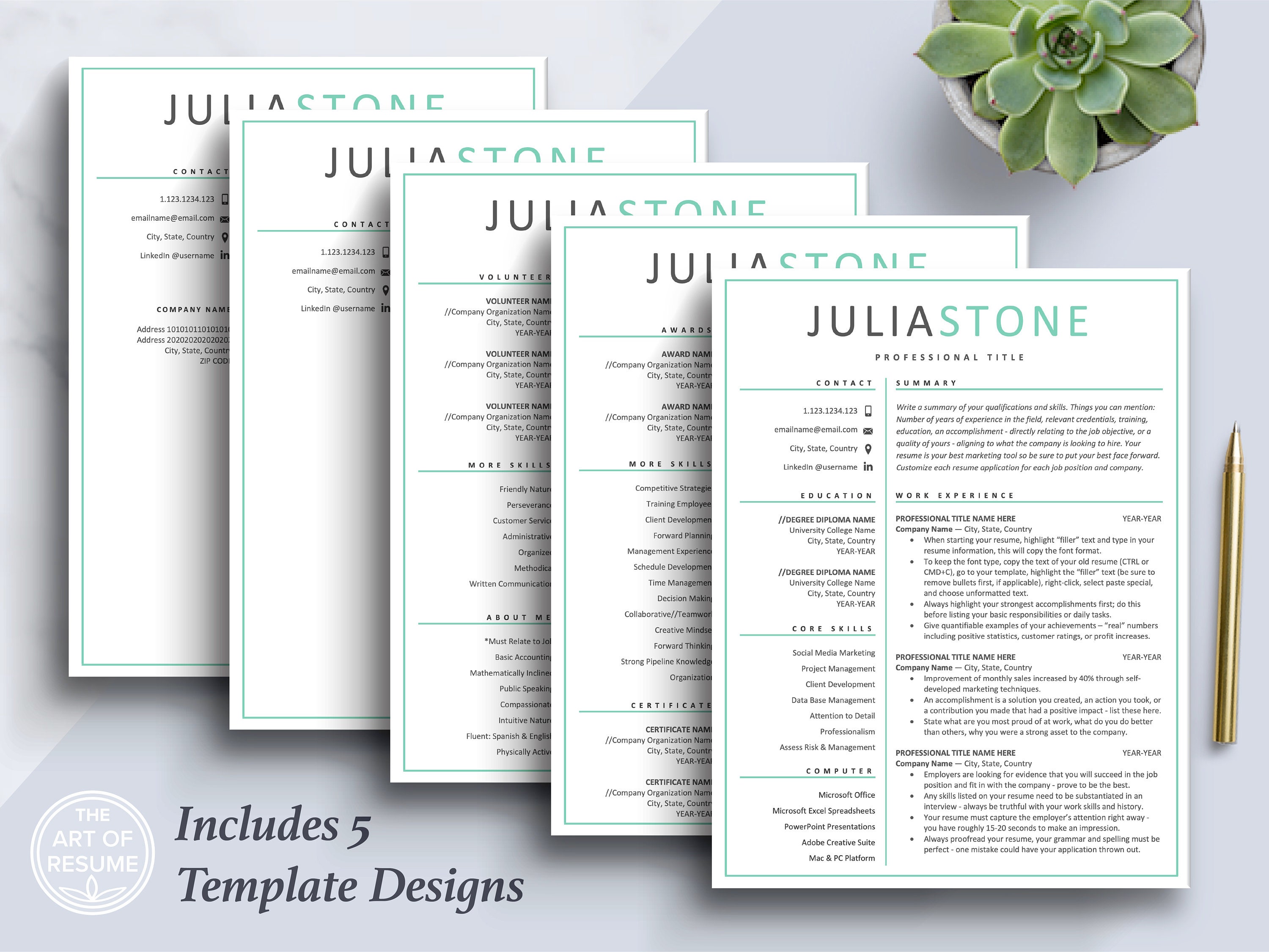 Professional Resume Templates, Printable Teal Resume CV Design, Resume ...