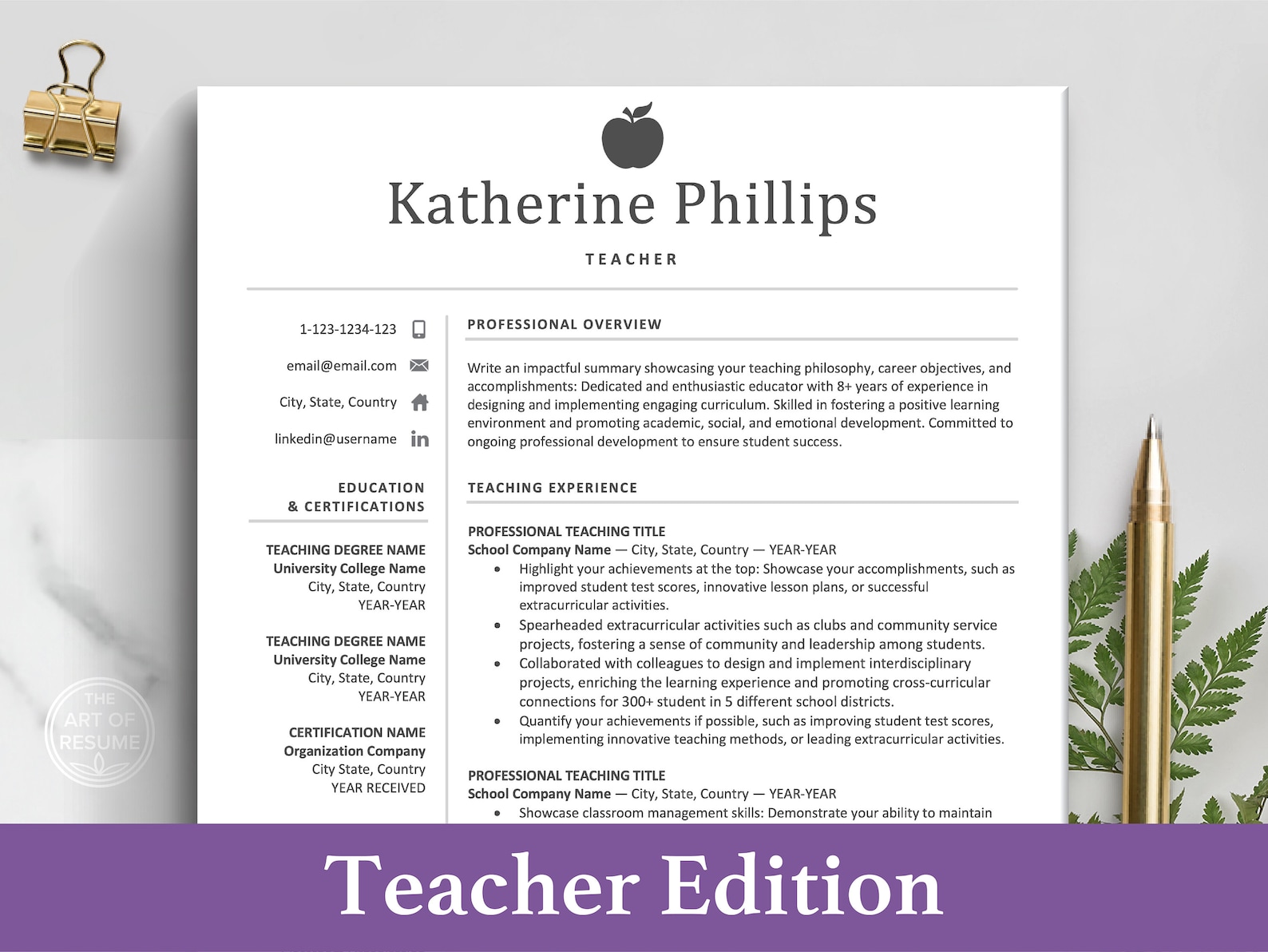 Teacher Resume Template Word, Pages, Teaching Resume, Teacher CV ...