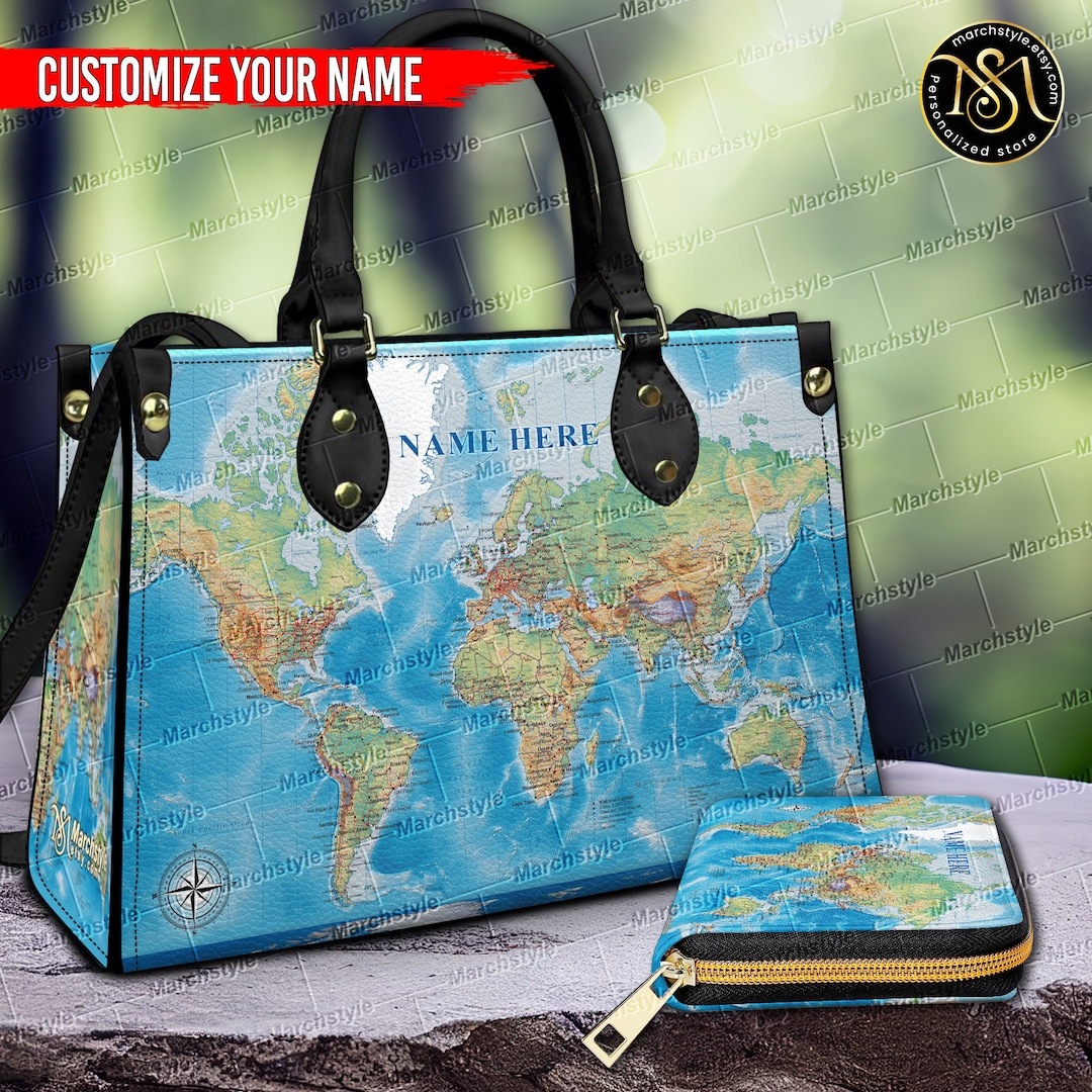 Marchstyle - Personalized World Map Leather Handbag or Wallet,custom ...