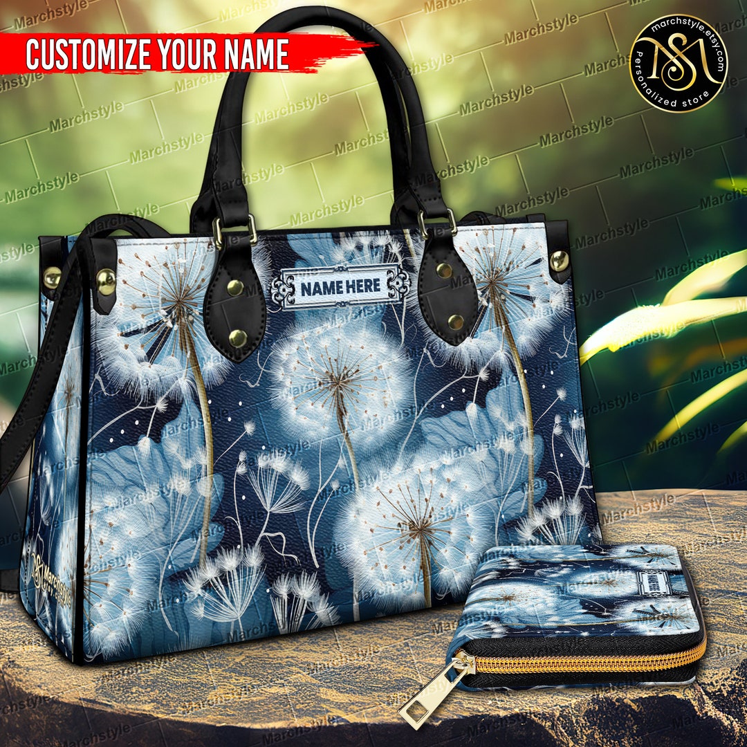 Marchstyle - Custom Name Blue Dandelion Print Floral Leather Handbags ...