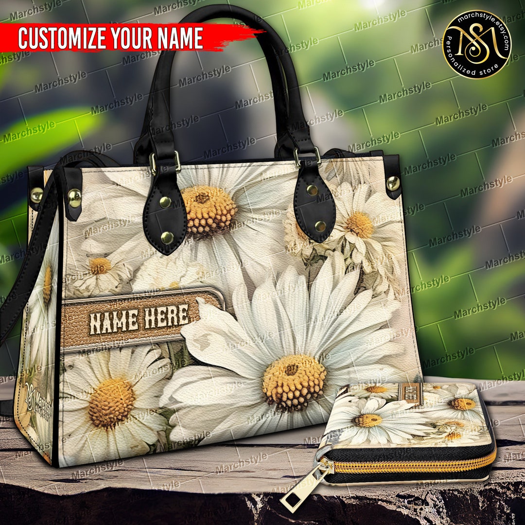 Marchstyle - Personalized PU Leather Handbag or Purse With Daisy Flower ...