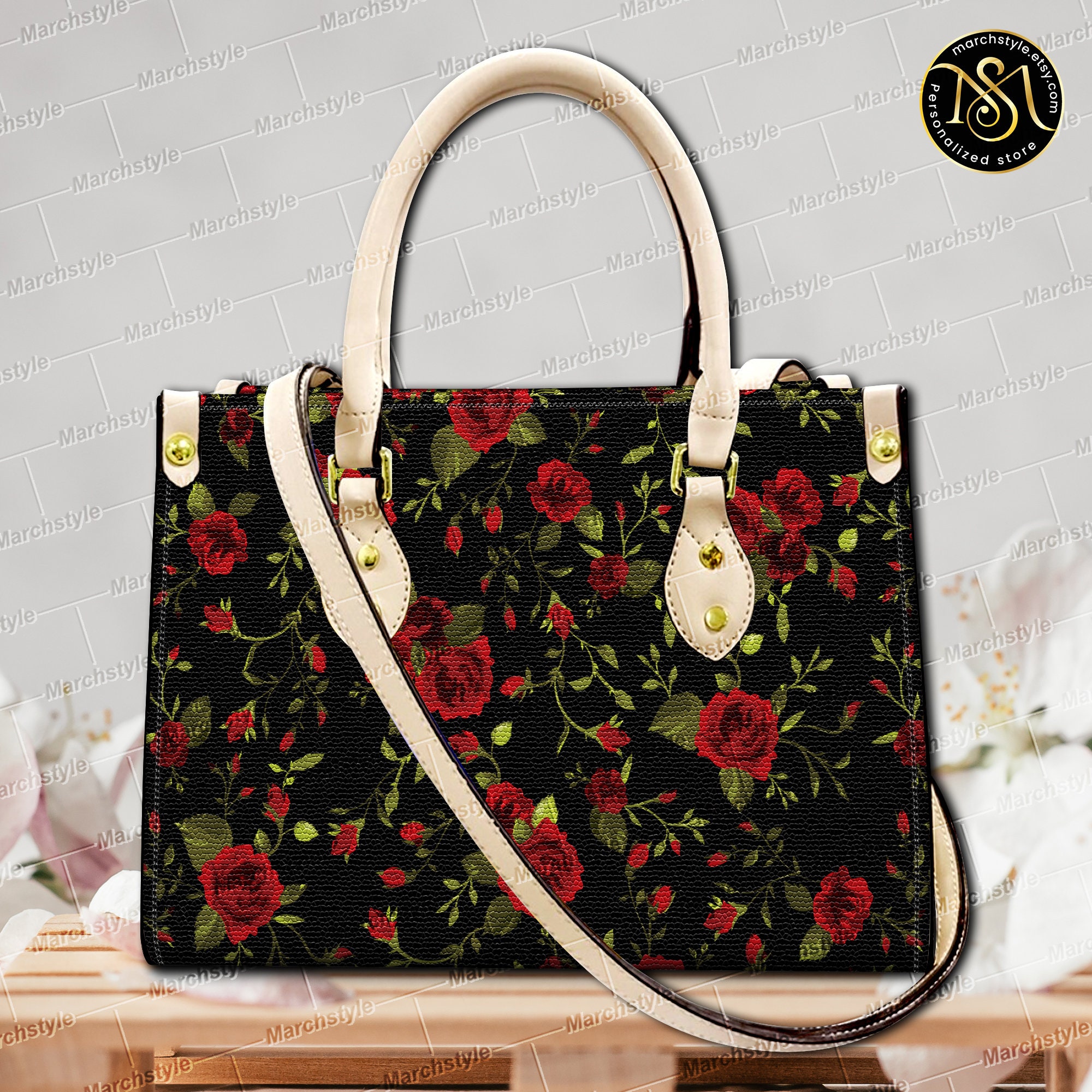Marchstyle Red Rose Flower Floral Leather Handbags With Shoulder Strap ...