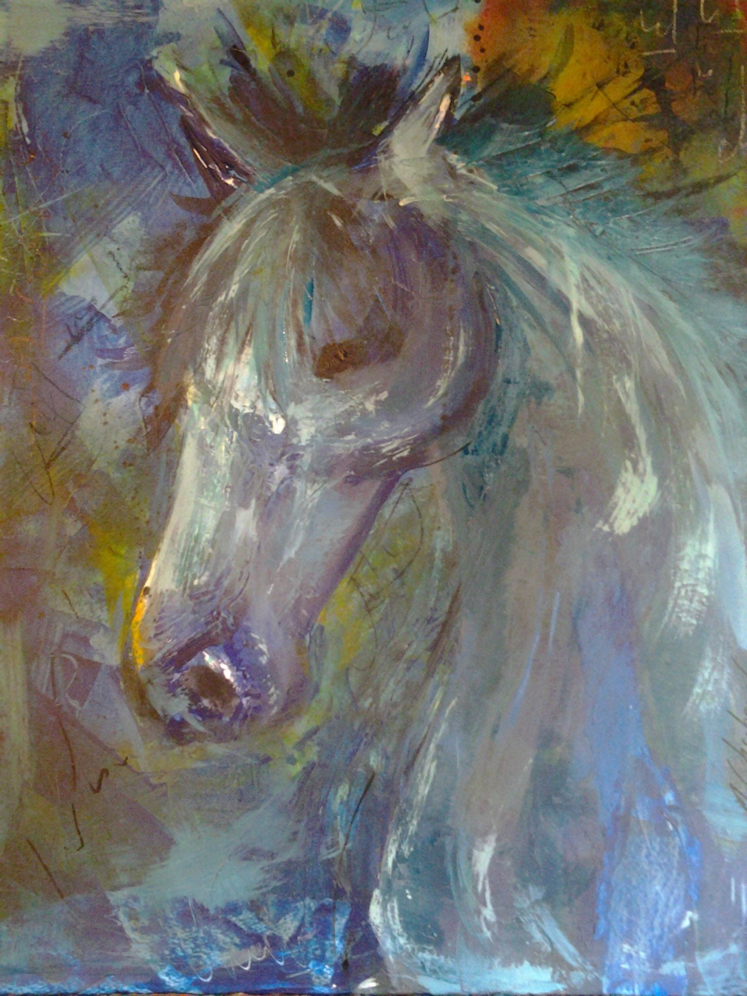 Tableau cheval bleu abstrait peinture et technique mixte - feutre ...