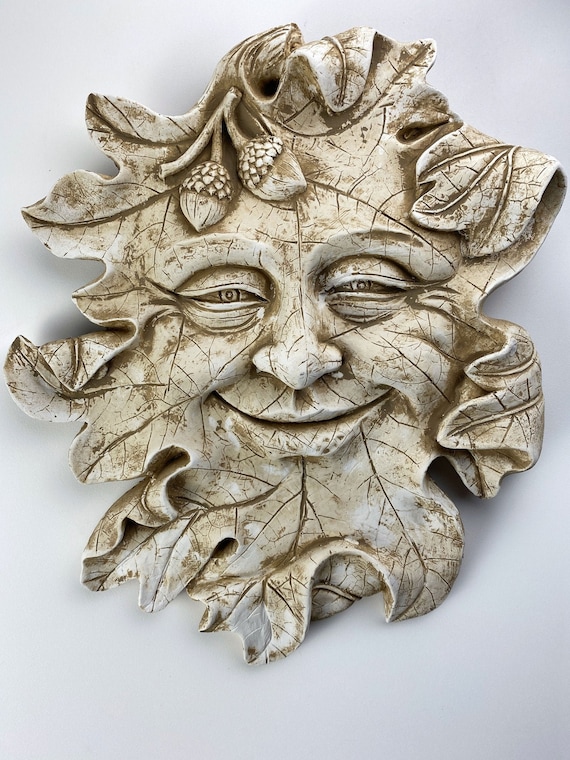 Green Man Sculpture Smiling Leaf Face With Acorns - Etsy