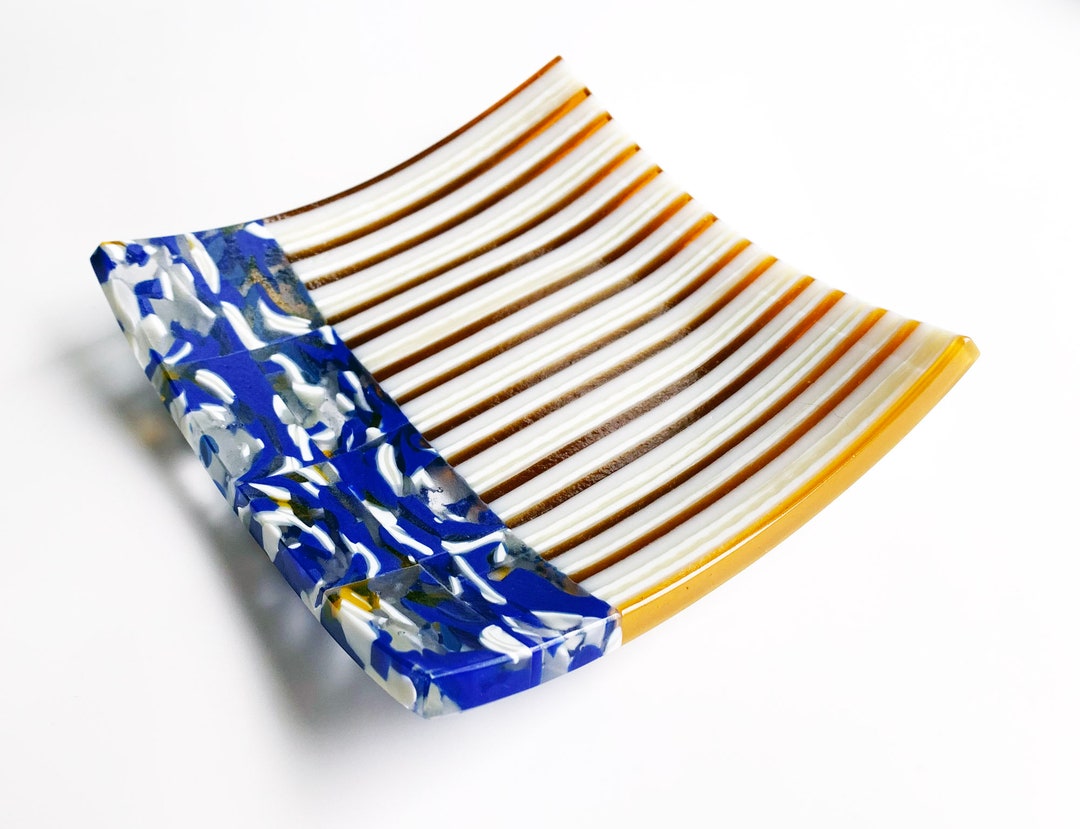 Fused Glass Strip and Pattern Bar 5" Plate in French Vanilla, Blue, and ...