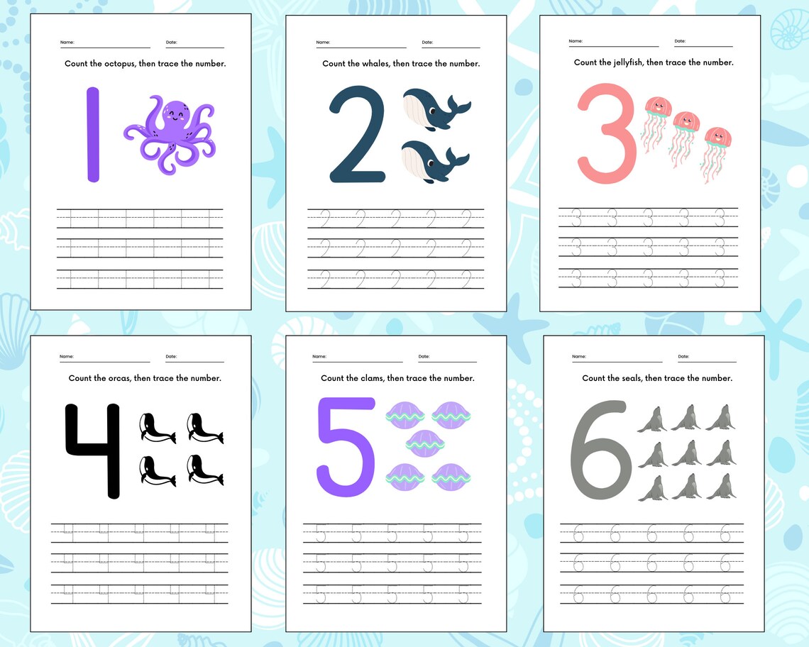 Count and Trace Numbers 1-10 Kids Printable Worksheet Sea Animals Theme ...