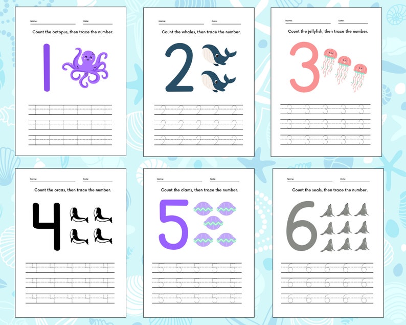 Count and Trace Numbers 1-10 Kids Printable Worksheet Sea Animals Theme ...