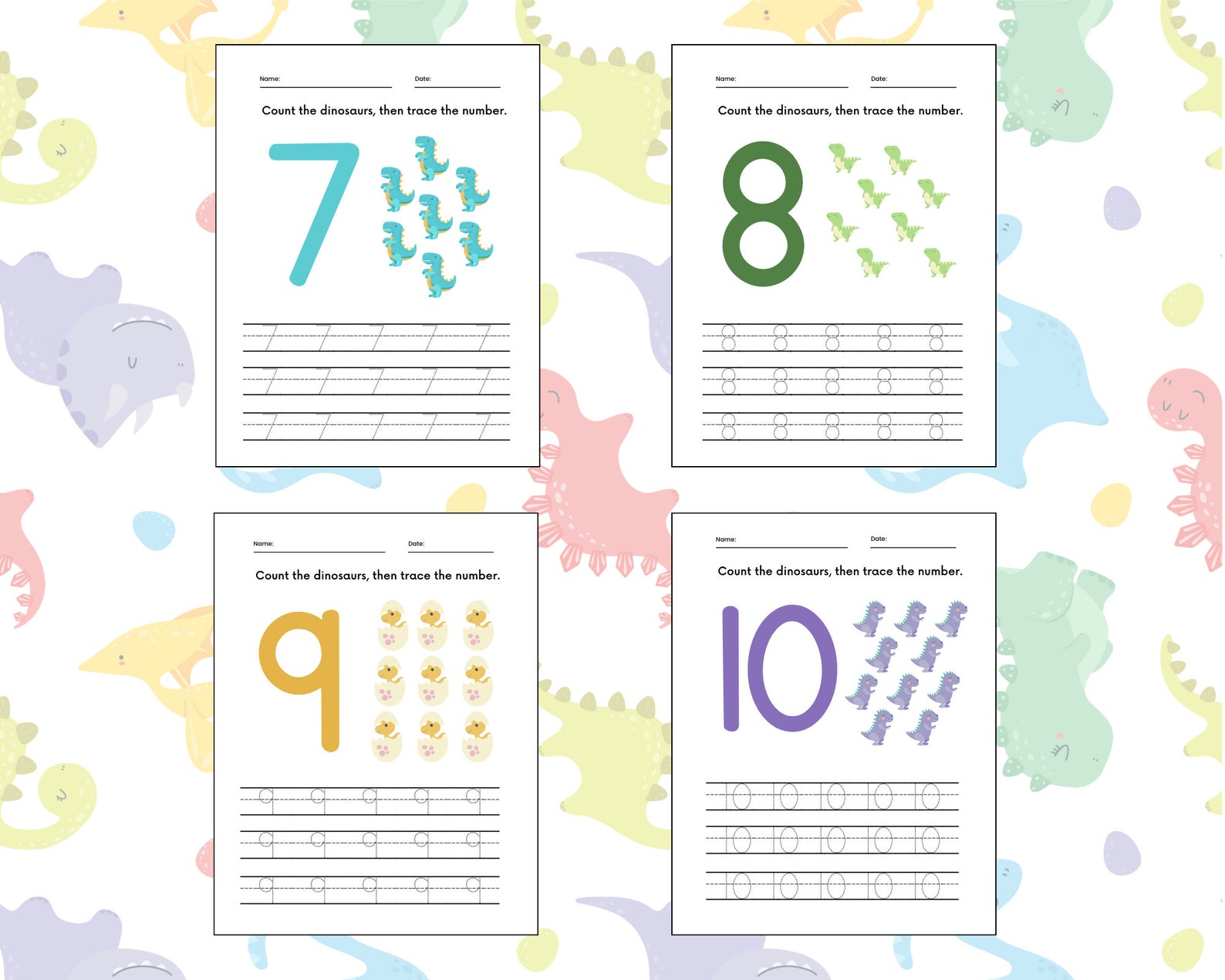 Dinosaur Counting and Number Tracing Printable Digital File numbers 1 ...