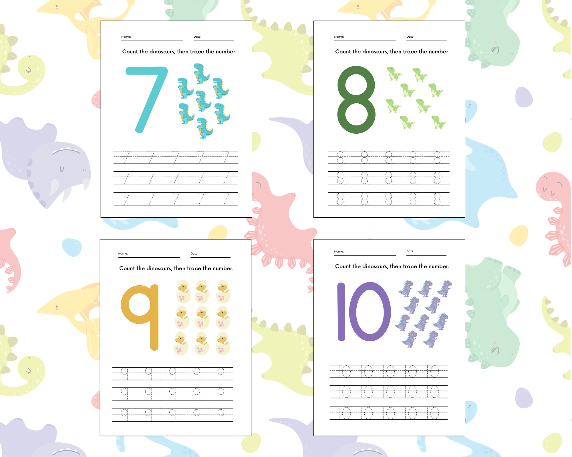 Dinosaur Counting and Number Tracing Printable Digital File numbers 1 ...