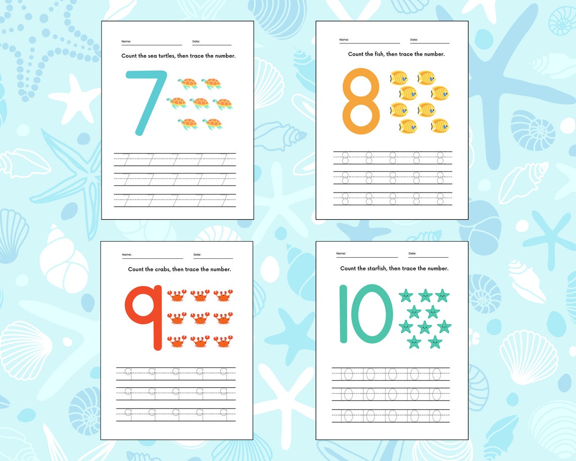 Count and Trace Numbers 1-10 Kids Printable Worksheet Sea Animals Theme ...