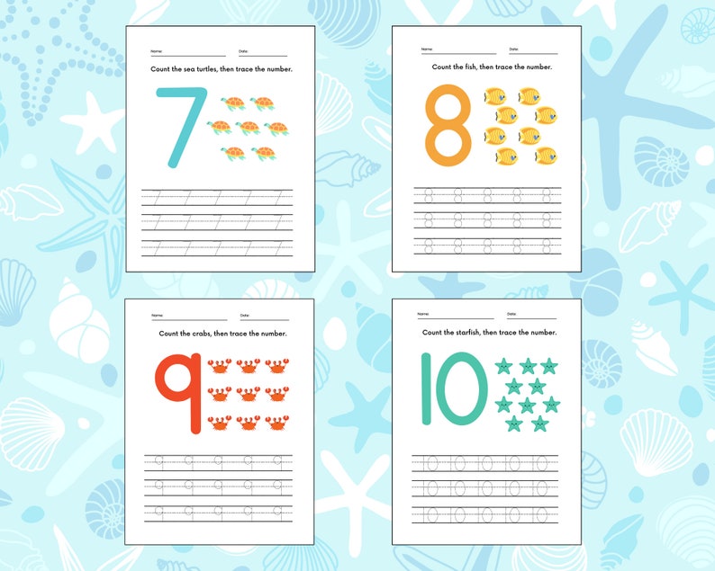Count and Trace Numbers 1-10 Kids Printable Worksheet Sea Animals Theme ...
