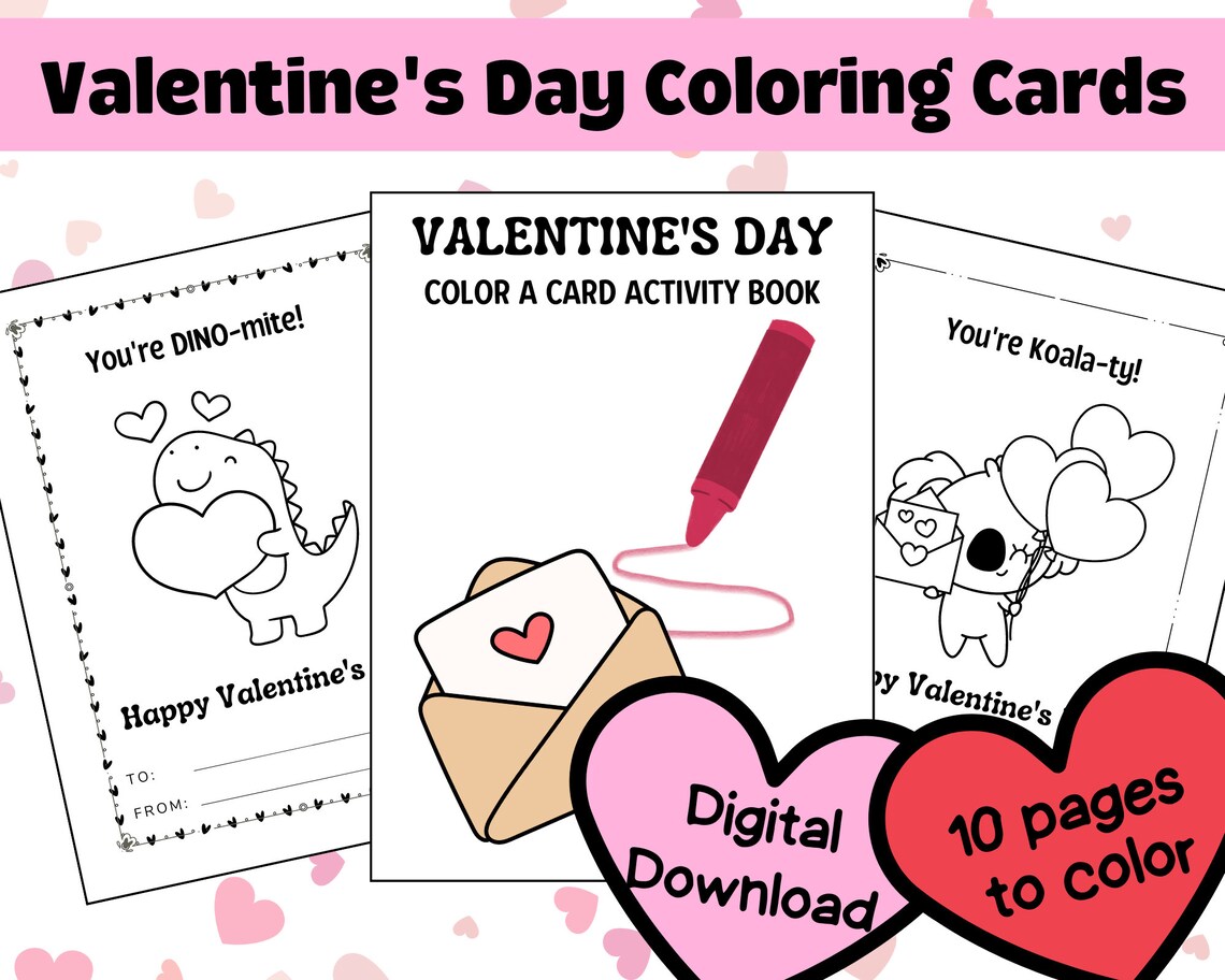 Valentine's Day Coloring Cards Printable Activity for Kids - Etsy