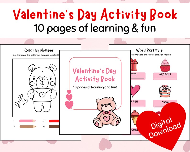 Printable Valentine's Day Activity Book for Kids 10 Pages of Fun and ...