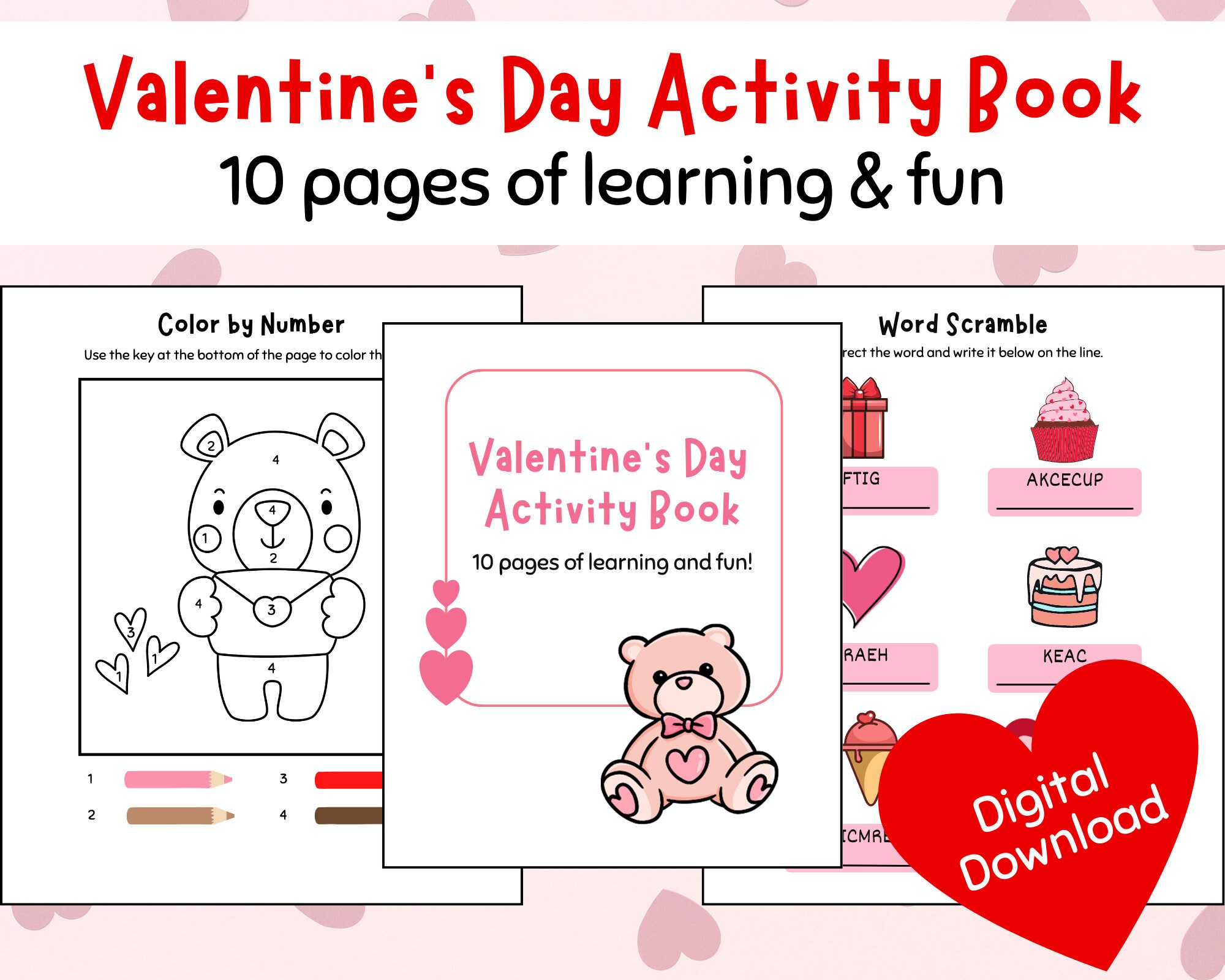 Printable Valentine's Day Activity Book for Kids 10 Pages of Fun and ...
