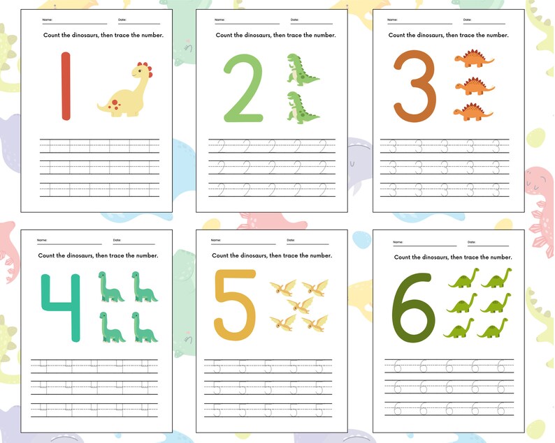 Dinosaur Counting and Number Tracing Printable Digital File numbers 1 ...