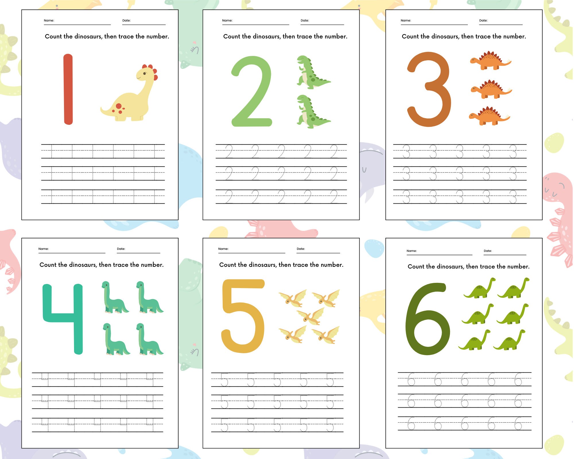 Dinosaur Counting and Number Tracing Printable Digital File numbers 1 ...
