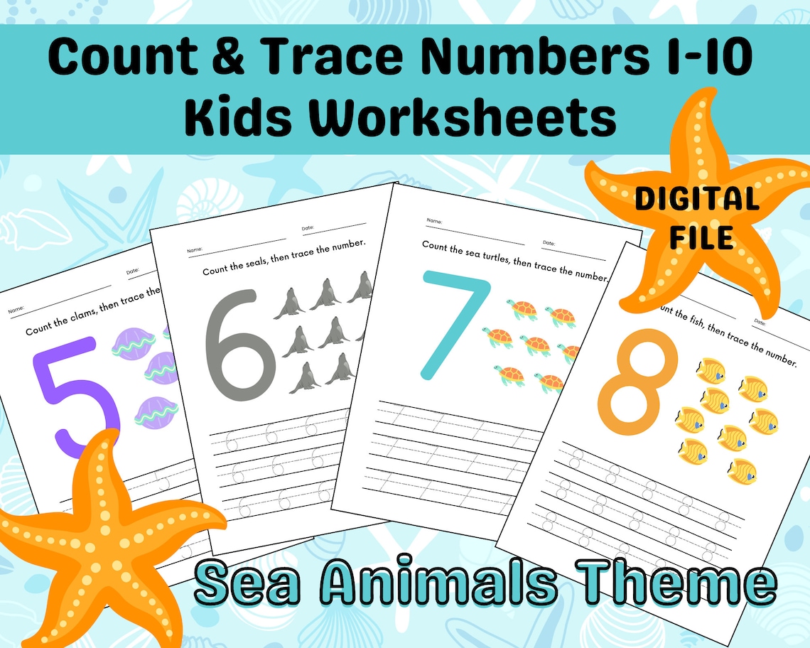 Count and Trace Numbers 1-10 Kids Printable Worksheet Sea Animals Theme ...