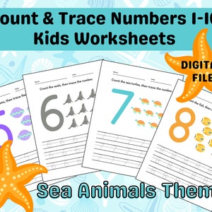 Count and Trace Numbers 1-10 Kids Printable Worksheet Sea Animals Theme ...