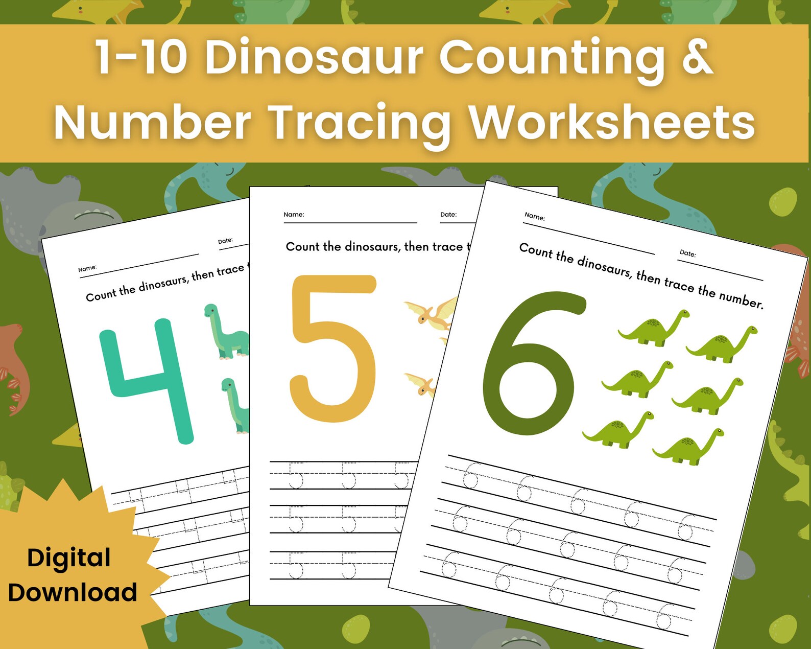 Dinosaur Counting and Number Tracing Printable Digital File numbers 1 ...