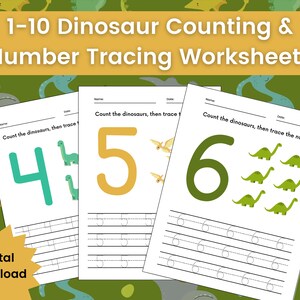 Dinosaur Counting and Number Tracing Printable Digital File numbers 1 ...