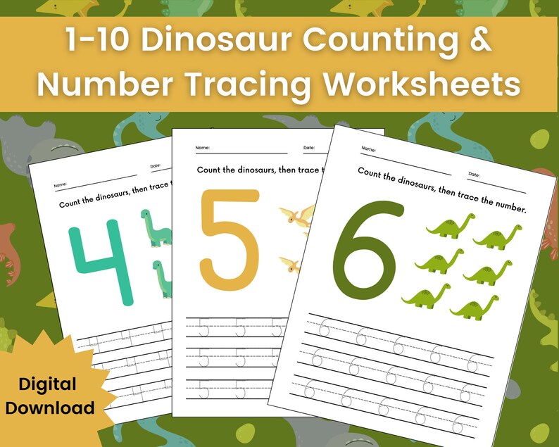 Dinosaur Counting and Number Tracing Printable Digital File numbers 1 ...