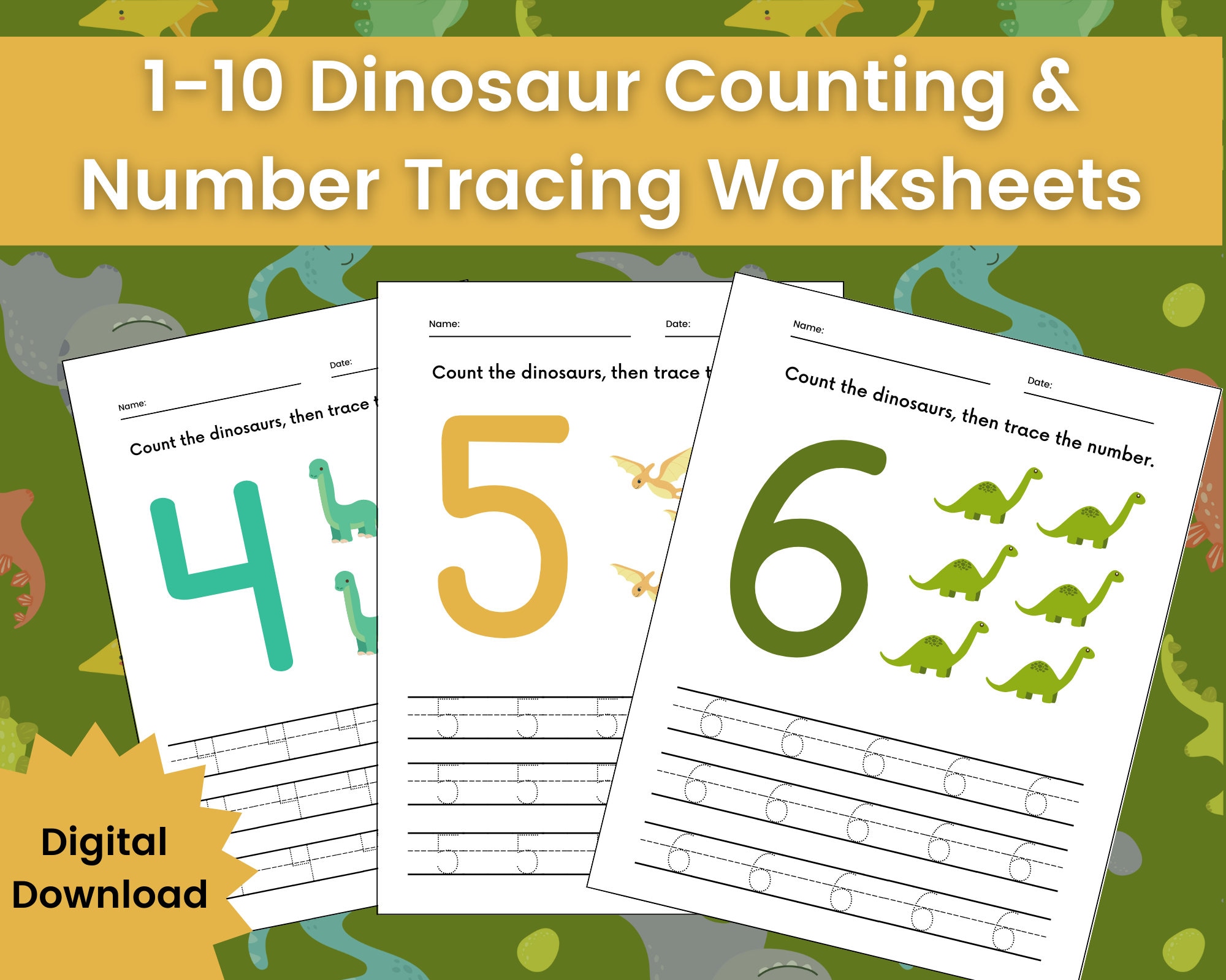Dinosaur Counting and Number Tracing Printable Digital File numbers 1 ...