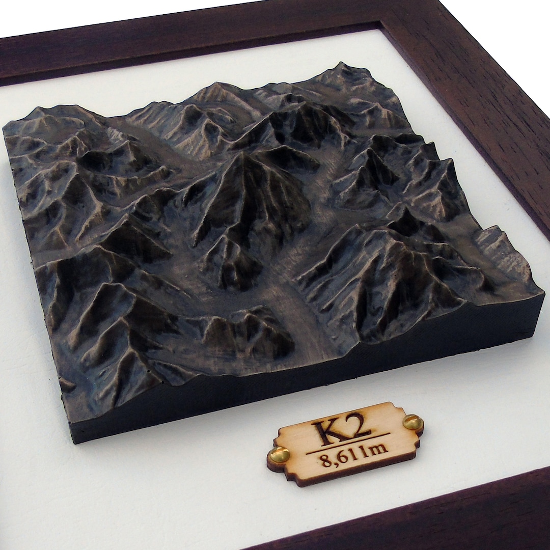 K2 Topographical Framed Map in Aged Bronze Finish, Mountain Casting 3D ...